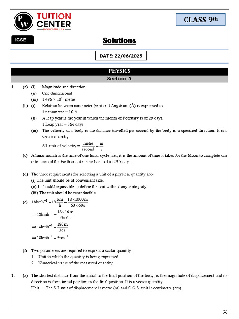 Class 9 Physics Solutions Guide | PDF | Euclidean Vector | Velocity