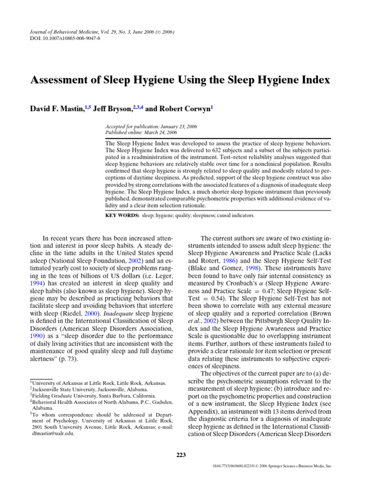 Sleep Hygiene Index Assessment | PDF | Sleep | Sleep Disorder