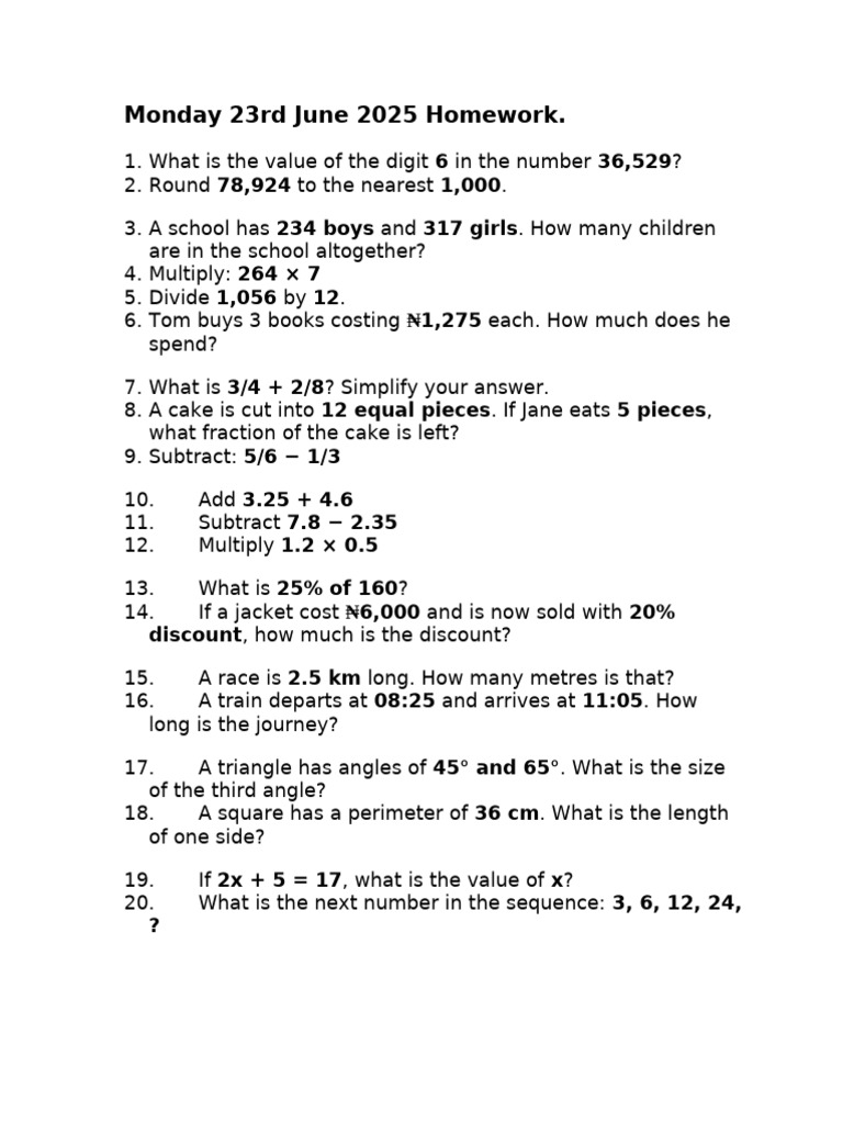 Friday 20th June Math Homework | PDF