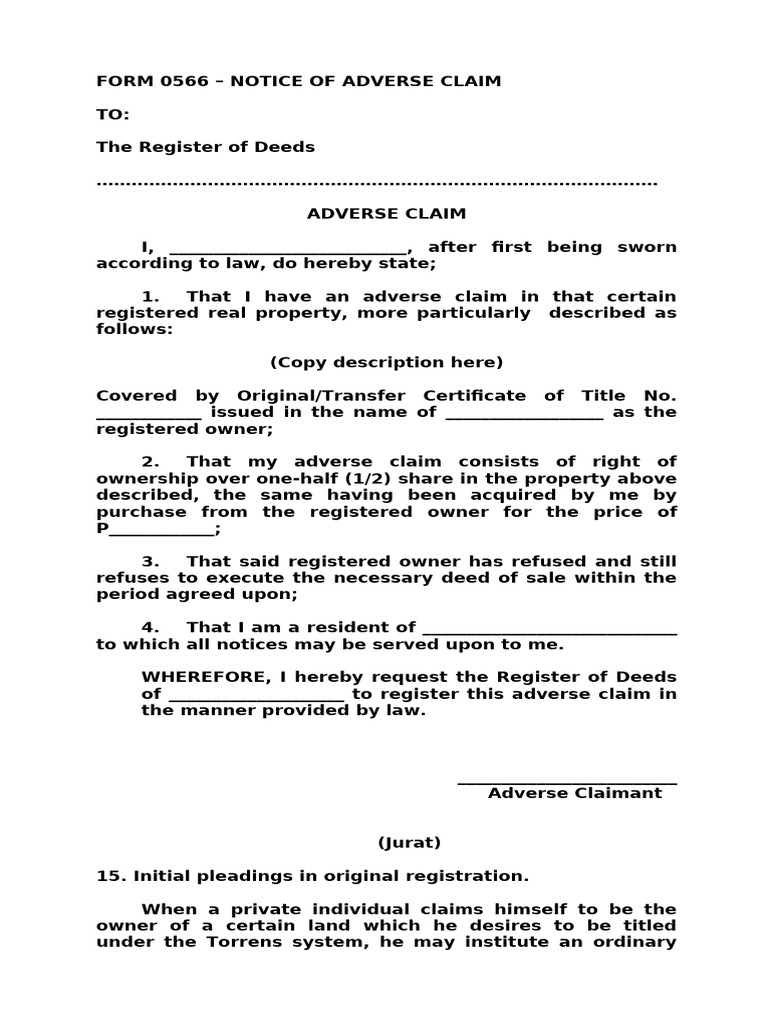 Form 0566 Notice of Adverse Claim | PDF