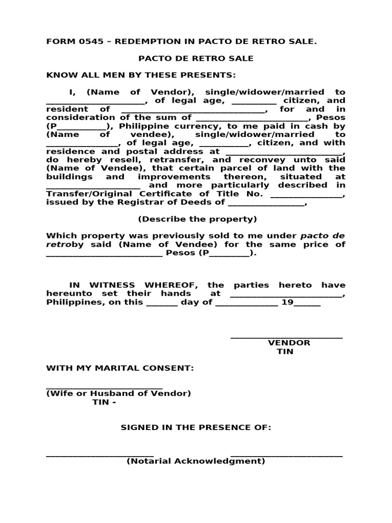 Form 0545 Redemption in Pacto de Retro Sale | PDF