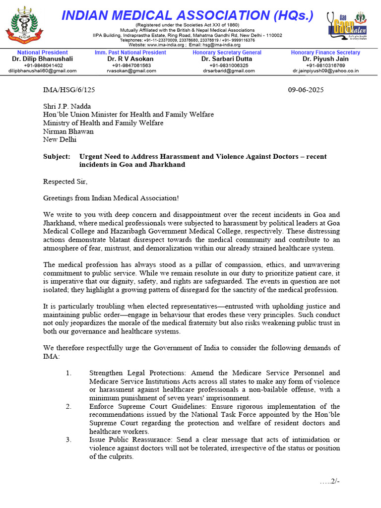 Letter to Shri J.P. Nadda, Hon'ble Uniion Minister for H&FW reg Urgent Need to Address ...