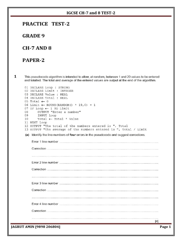 IGCSE Grade 9 Test for Chapters 7-8 | PDF | Algorithms | Mathematical Logic
