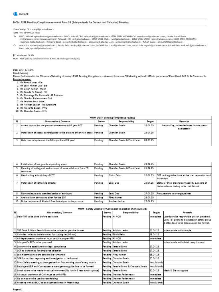 MOM - PSSR Pending Compliance Review & Annx.3B (Safety Criteria For Contractor's Selection ...