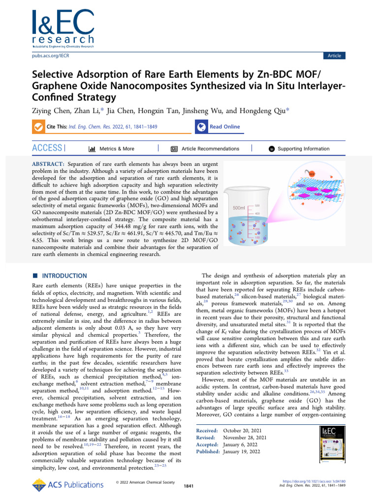 Chen Et Al 2022 Selective Adsorption of Rare Earth Elements by ZN BDC ...