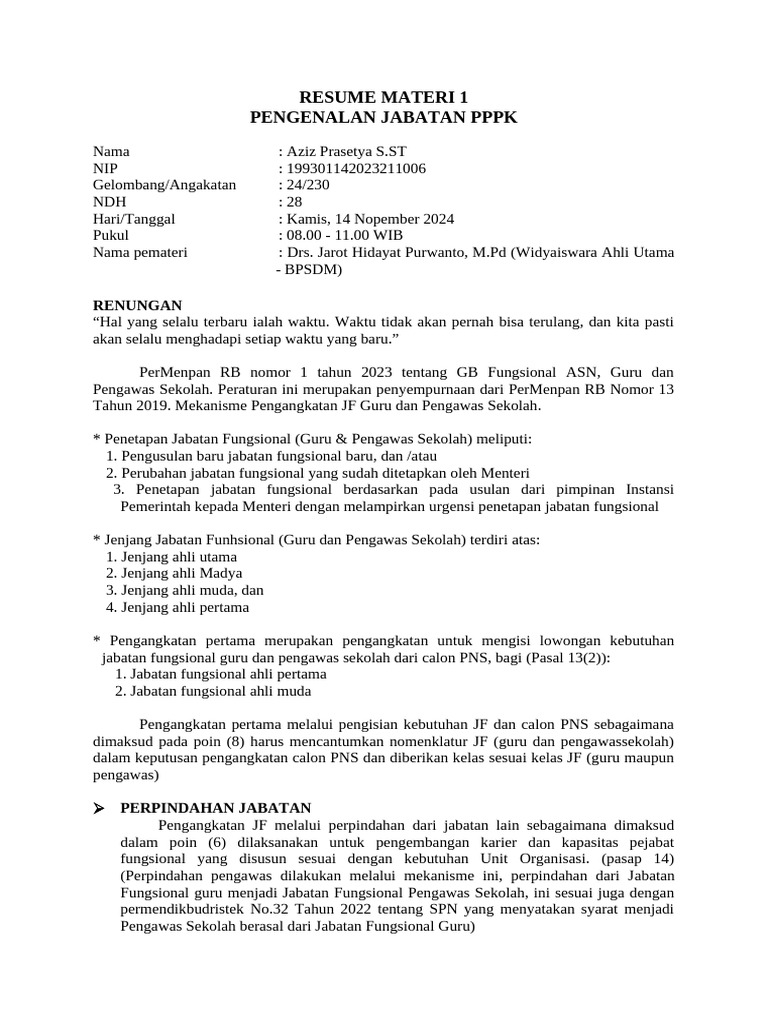 Resume Materi 1 Pengenalan Jabatan P3K | PDF