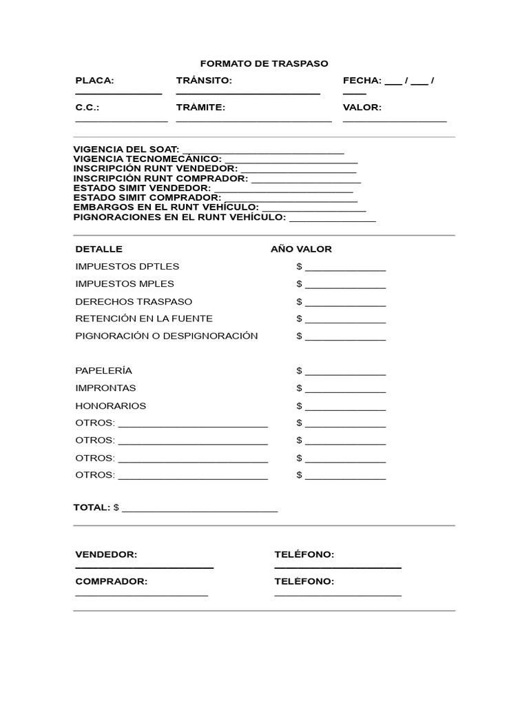 Formato de Traspaso de Vehículo | PDF