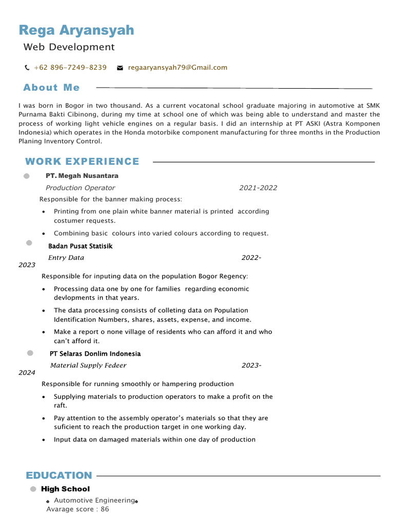 CV Rega Aryansyah - 031314 | PDF