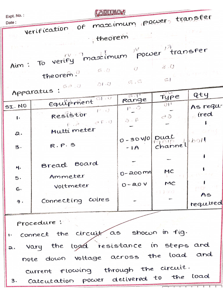 Verification of Maximum Power Transfer Theorem | PDF