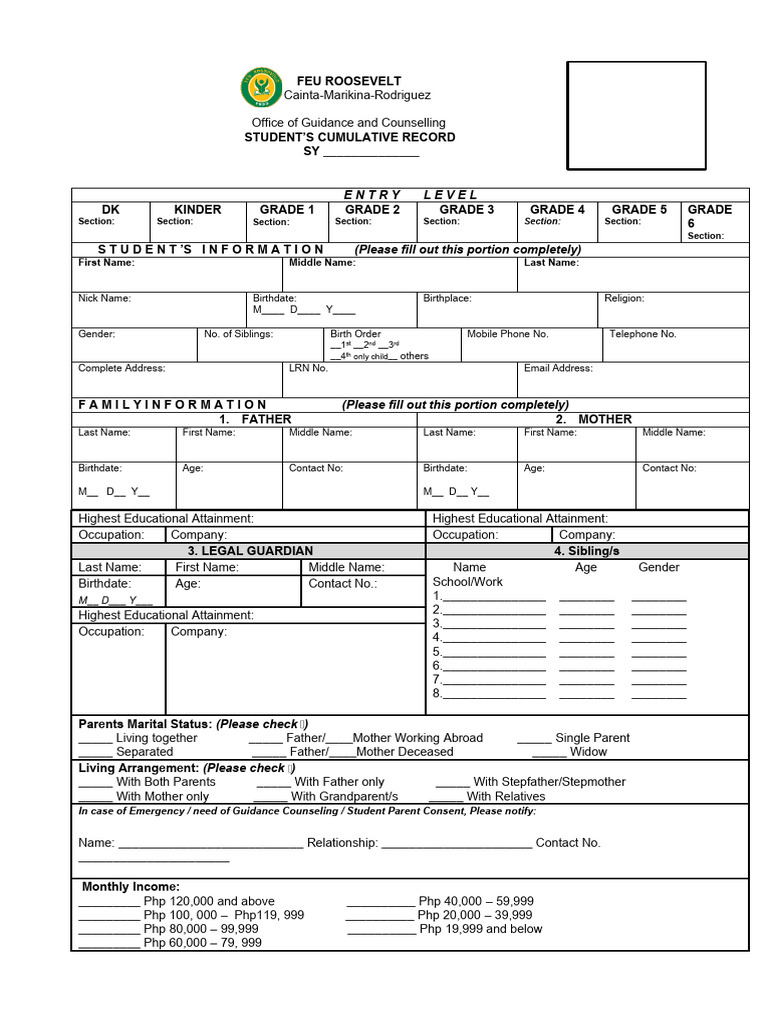 Student Cumulative Record Template | PDF | Home Appliance ...