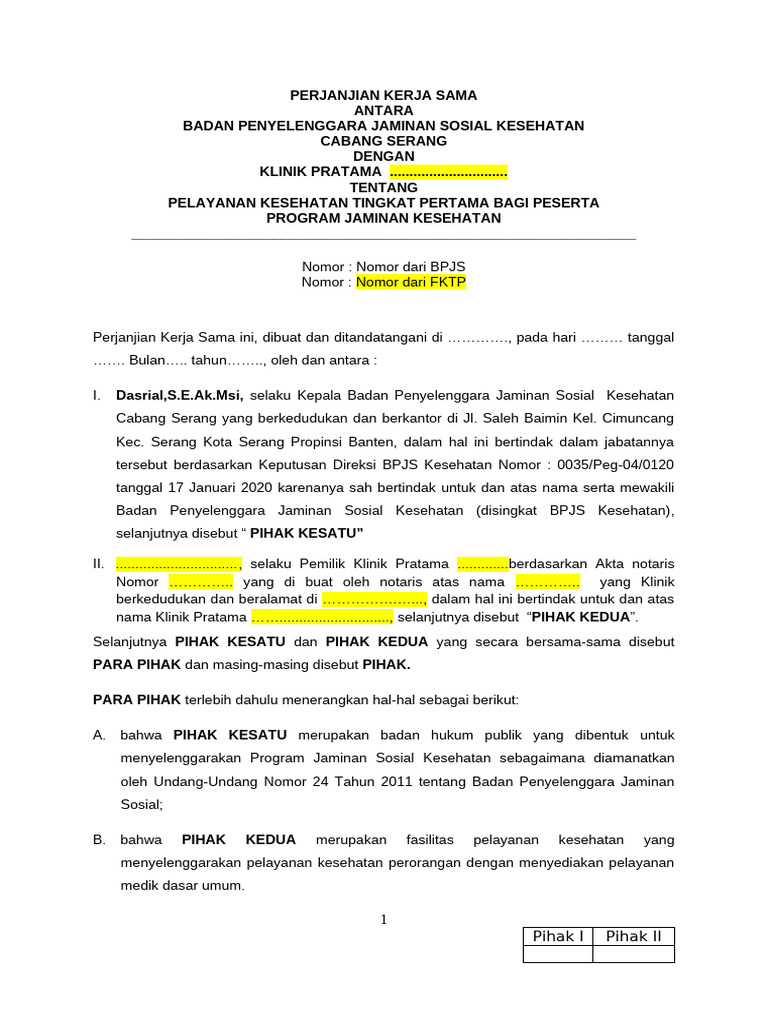 Template PKS Klinik Pratama Tahun 2023 | PDF