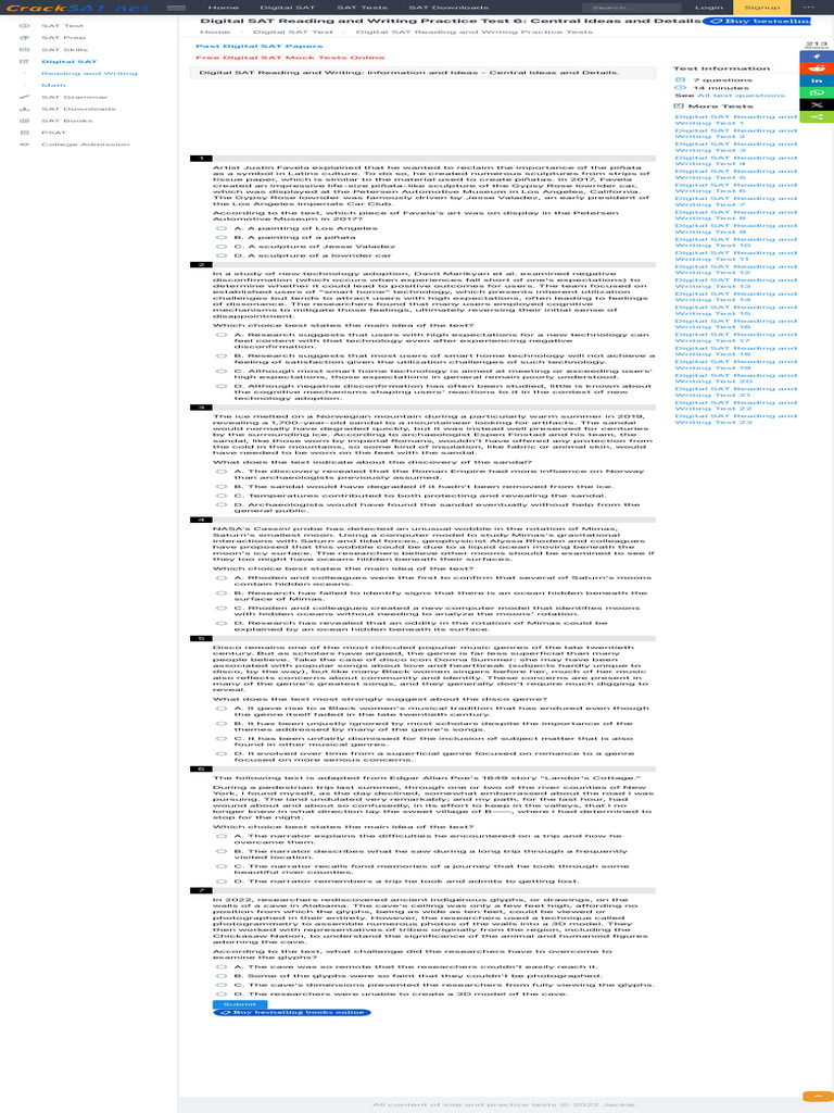 Free Digital SAT Reading Practice Tests | PDF | Sat | Saturn