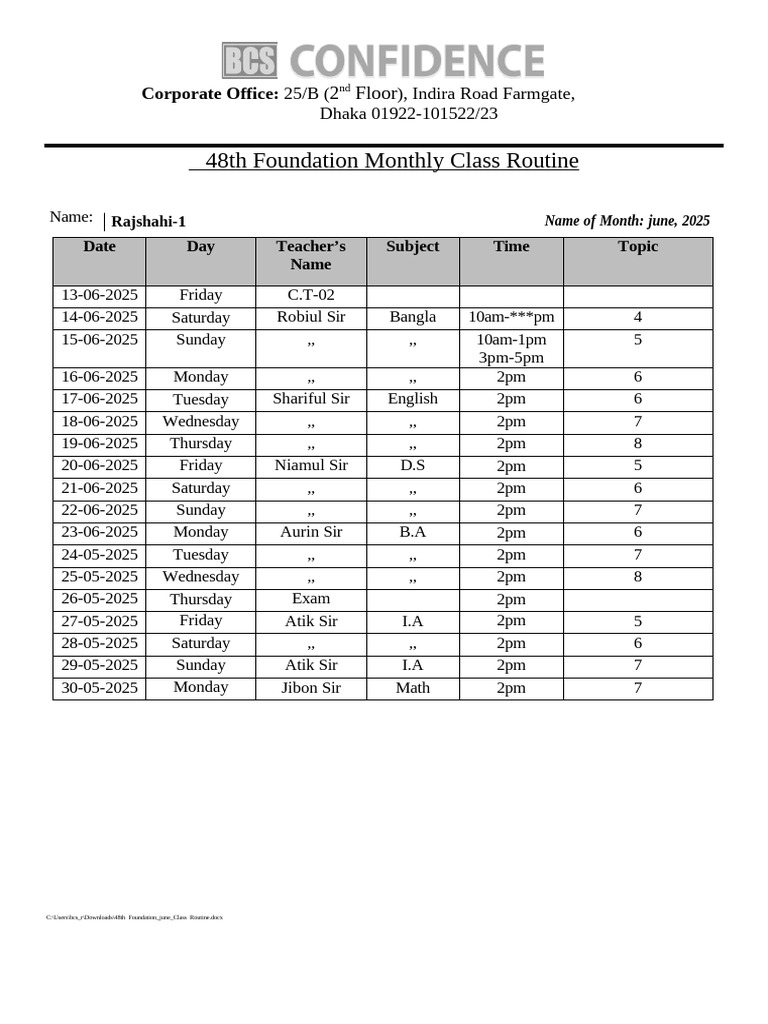 48th Foundation - May - Class Routine | PDF