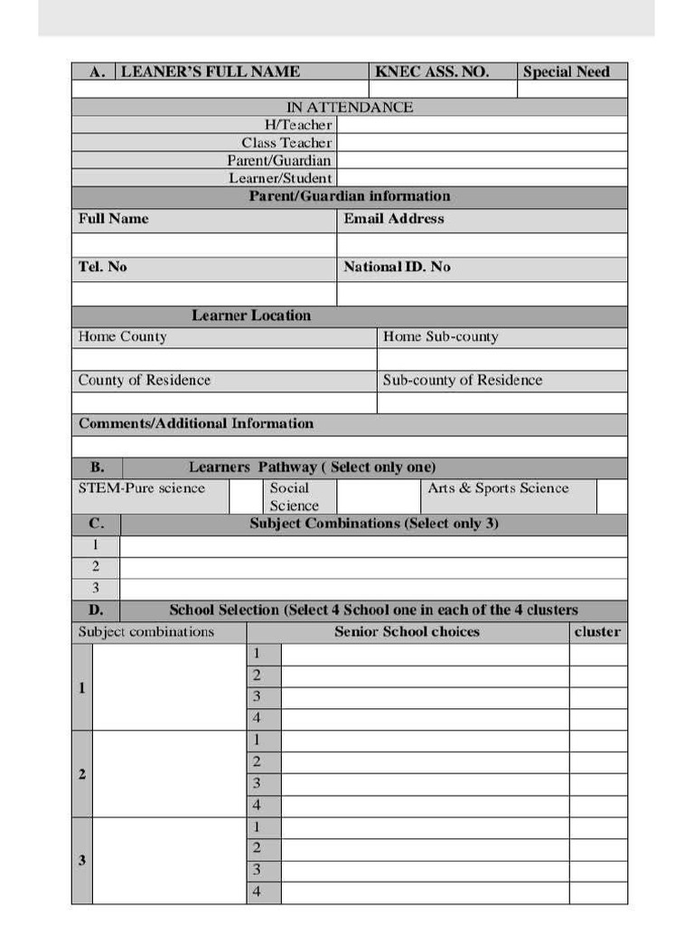 Senior School Selection Form Educationnewshub - Co .Ke | PDF