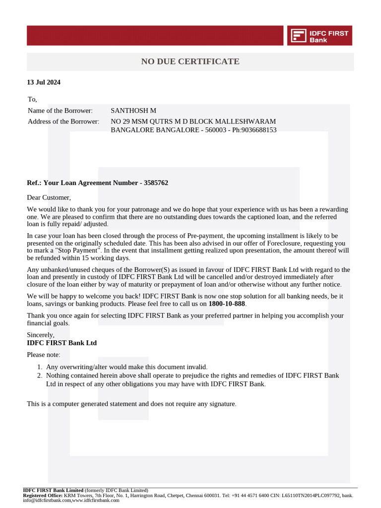 No Due Certificate: IDFC FIRST Bank Limited Registered Office | PDF