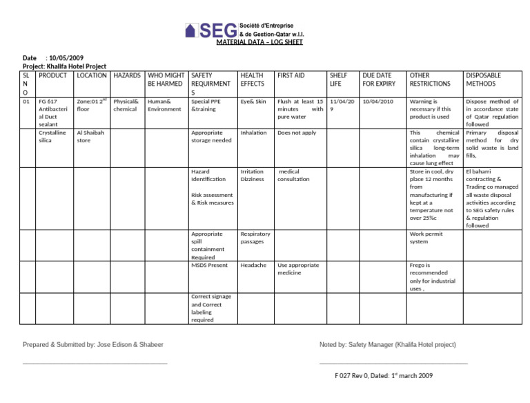 Msds - (Al Sraiya) Material Data - Log Sheet | PDF | Workplace ...