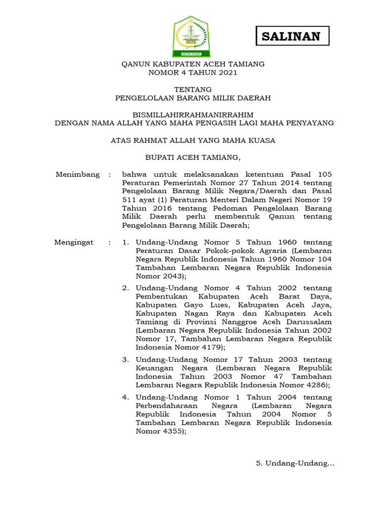 Qanun Atam No 4 Tahun 2021 (1) | PDF