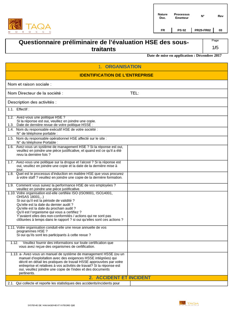 Questionnaire Pré-évaluation HSE | PDF | Sécurité
