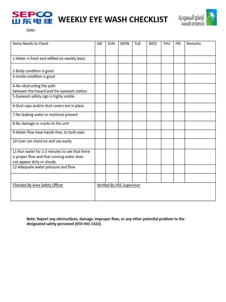 Weekly Eye Wash Checklist | PDF