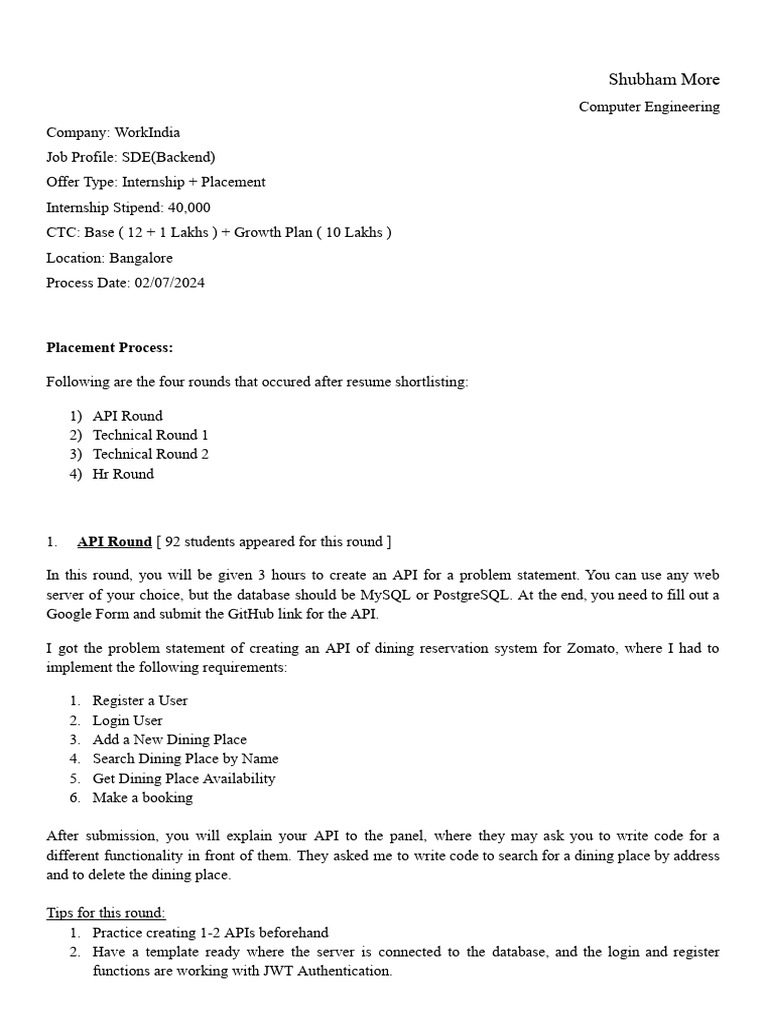 WorkIndia SDE ShubhamMore | PDF | Databases | Computing