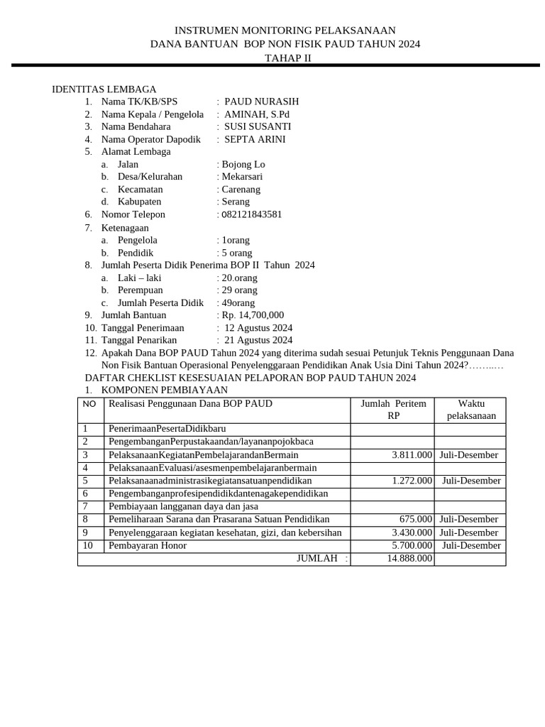 Instrumen Monitoring Bop Paud 2024 | PDF