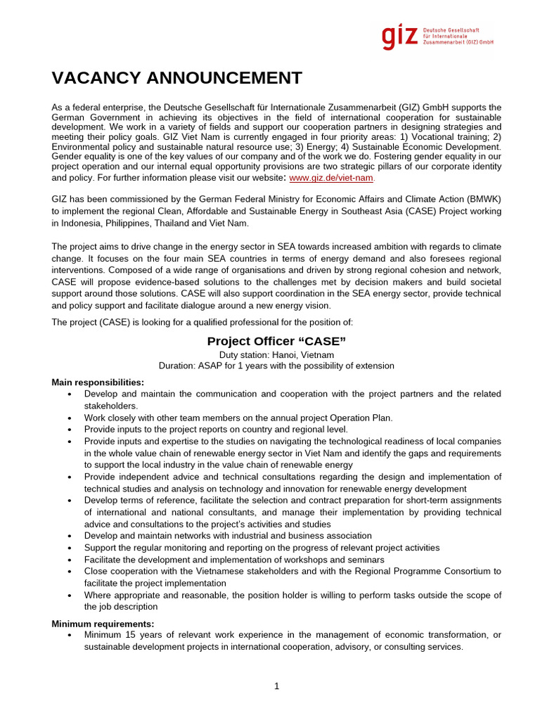 Project Officer Vacancy at GIZ Vietnam | PDF | Sustainability | Vietnam