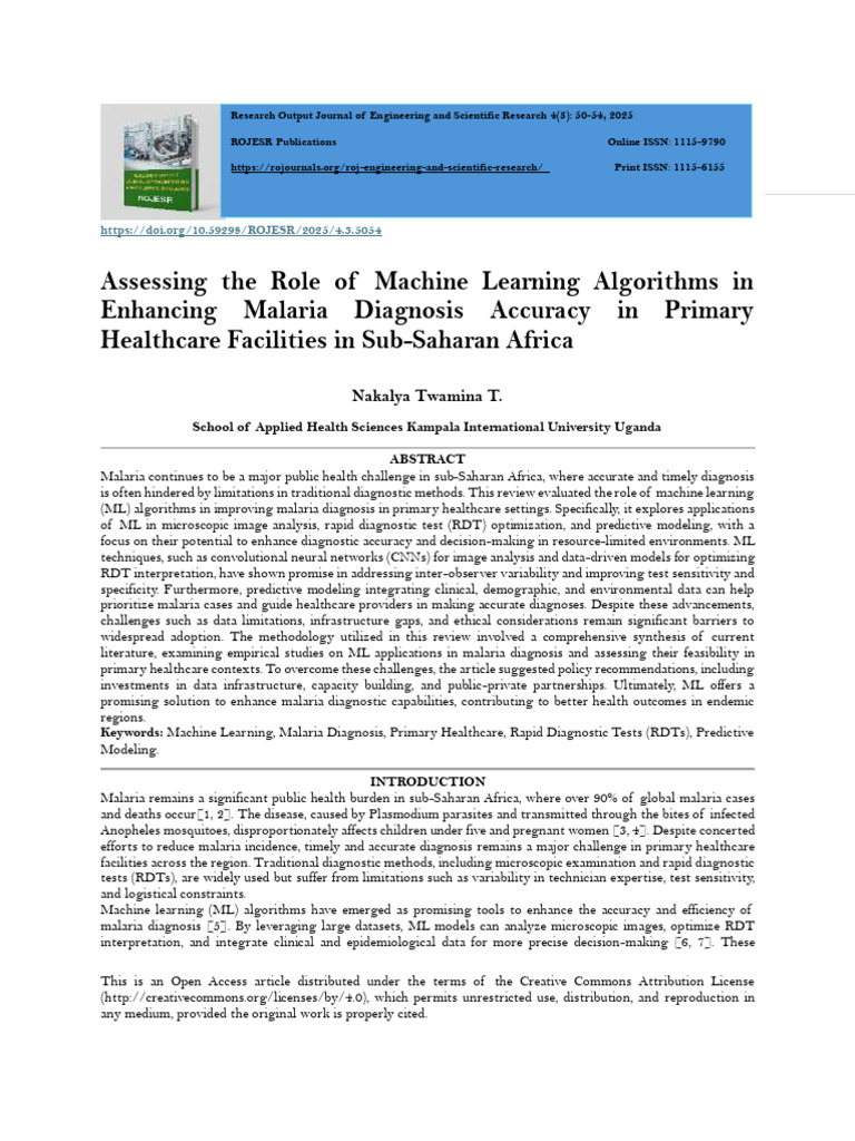 Assessing The Role of Machine Learning Algorithms in Enhancing Malaria Diagnosis Accuracy in ...