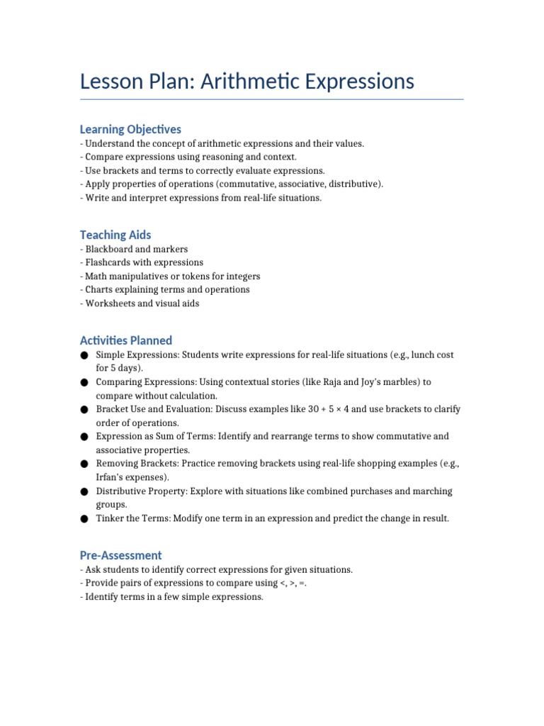 Lesson Plan Arithmetic Expressions | PDF
