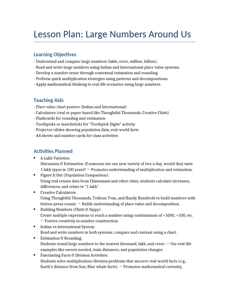 Lesson Plan: Large Numbers in Class 7 | PDF | Cognition | Learning