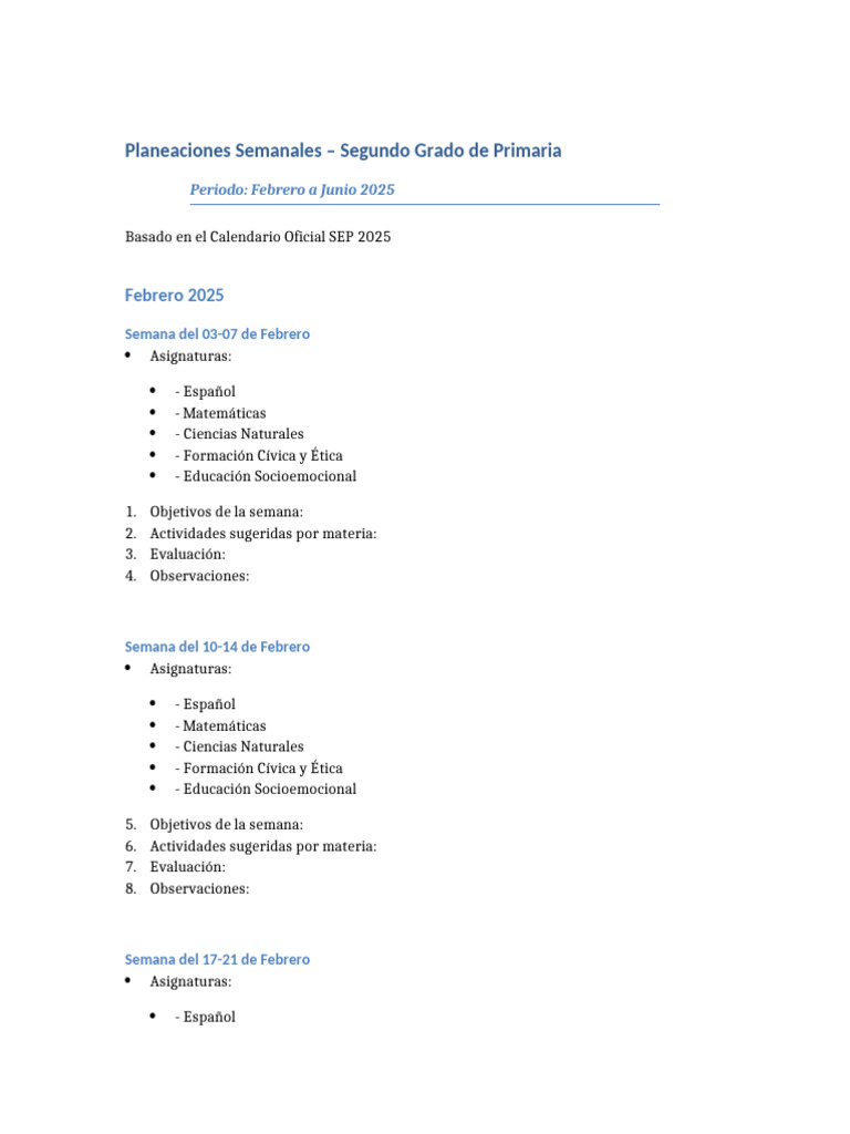 Planeaciones Semanales Segundo Grado 2025 | PDF