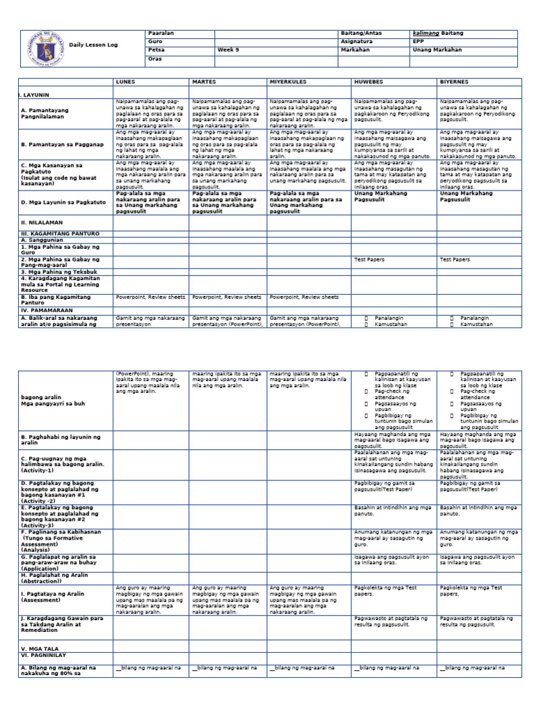 DLL Week 9 Epp V Exam | PDF