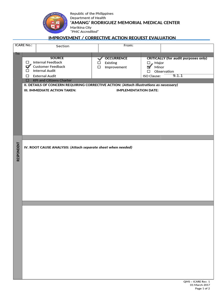 Improvement Corrective Action Request Evaluation | PDF | Quality ...