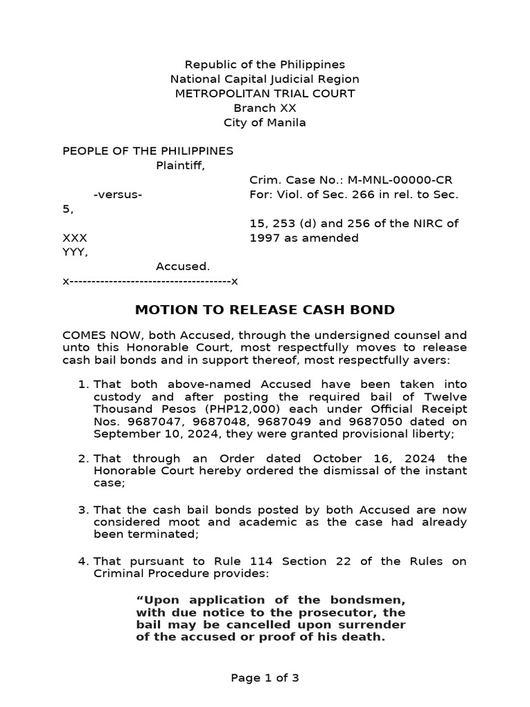 Motion to Release Cash Bail Bonds | PDF | Bail | Criminal Procedure In ...