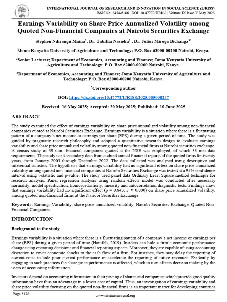 Earnings Variability On Share Price Annualized Volatility Among Quoted ...