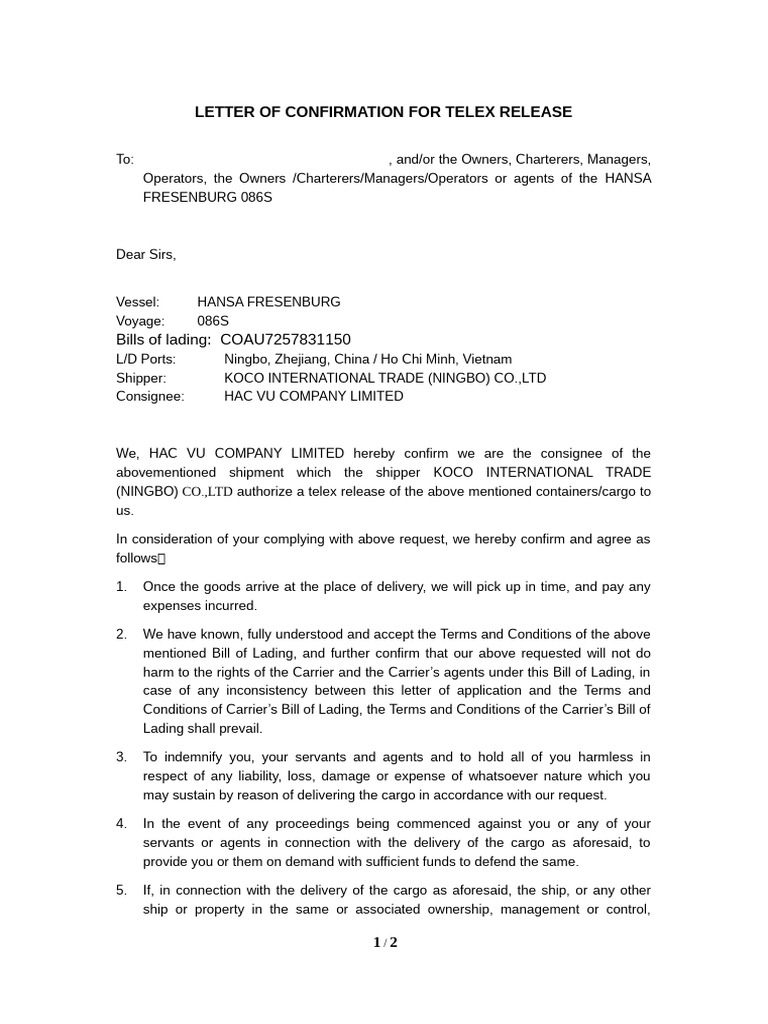 Telex Release Confirmation Letter | PDF | Bill Of Lading | Cargo