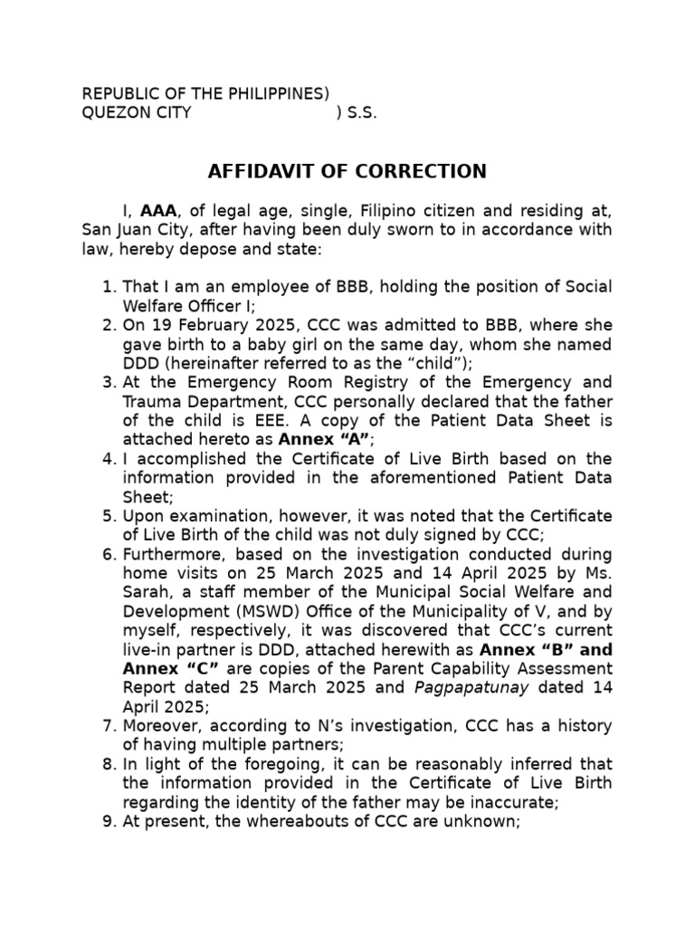 Affidavit of Correction of Birth Cert A | PDF | Affidavit