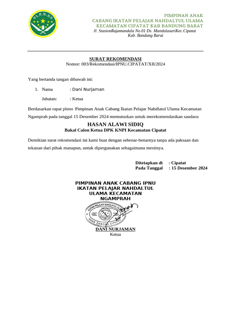 Surat Rekomendasi Ipnu Cipatat | PDF