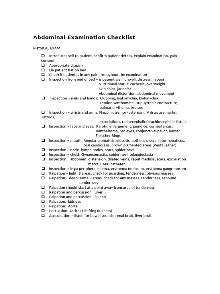 Abdominal Examination Checklist | PDF