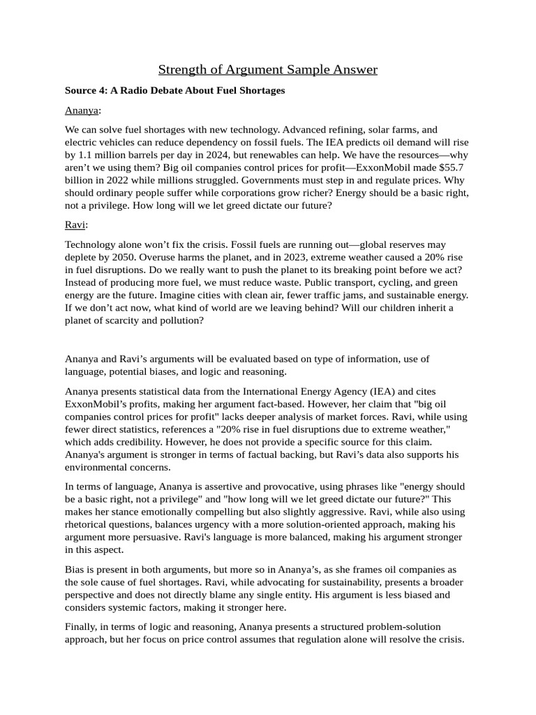 Strength of Argument Sample Answer | PDF | Energy Crisis | Argument