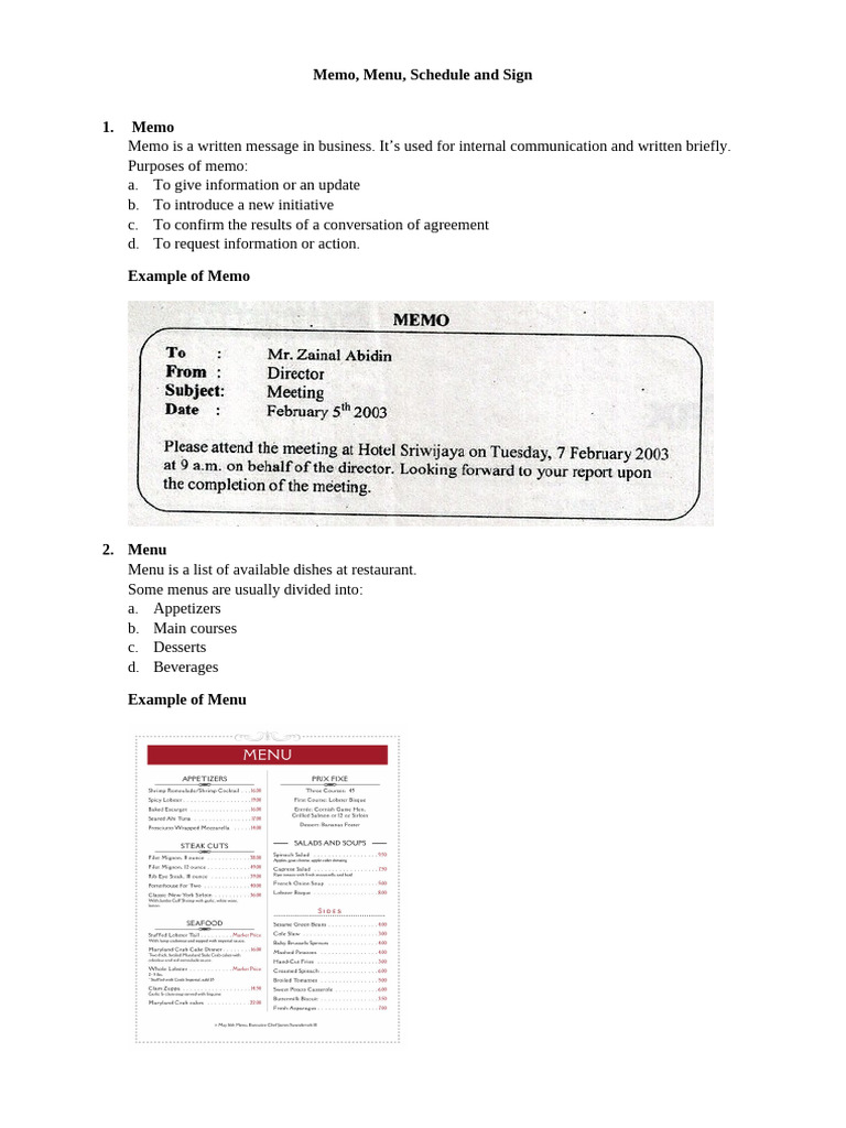 Memo, Menu, Schedule, and Sign Guide | PDF