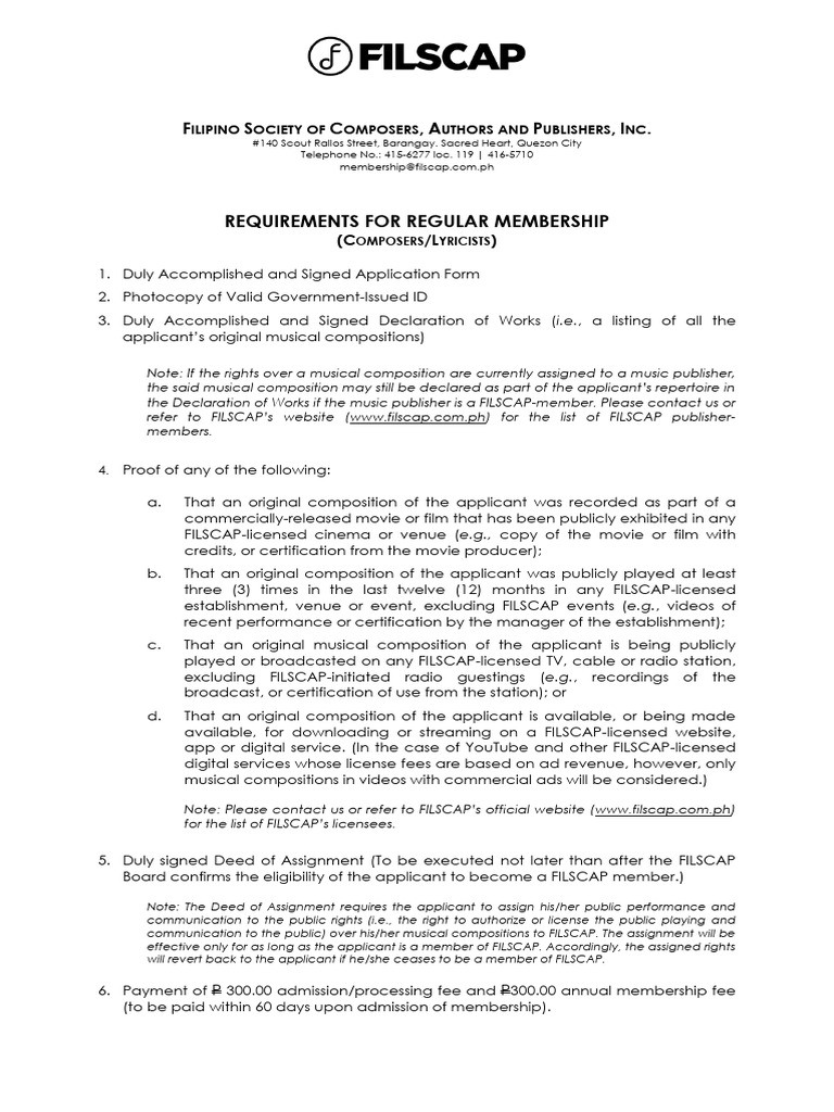 FILSCAP Membership Requirements Guide | PDF