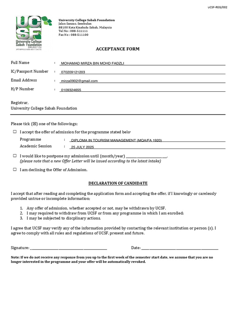UCSF REG 002 Acceptance Form | PDF