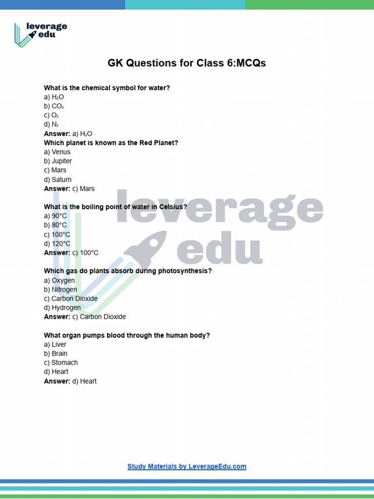 Class 6 GK Questions and Answers | PDF | Planets | Water