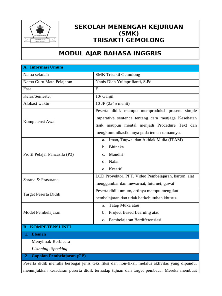 Modul Ajar Procedure Text | PDF