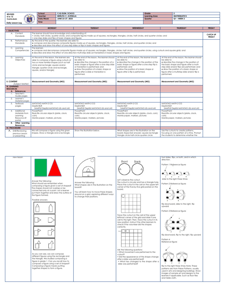 w2 q1 Math2 Matatag DLL | PDF | Symmetry | Shape