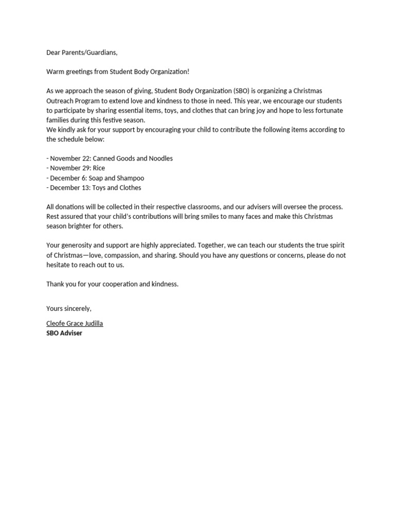 Letter For Christmas Outreach Program | PDF