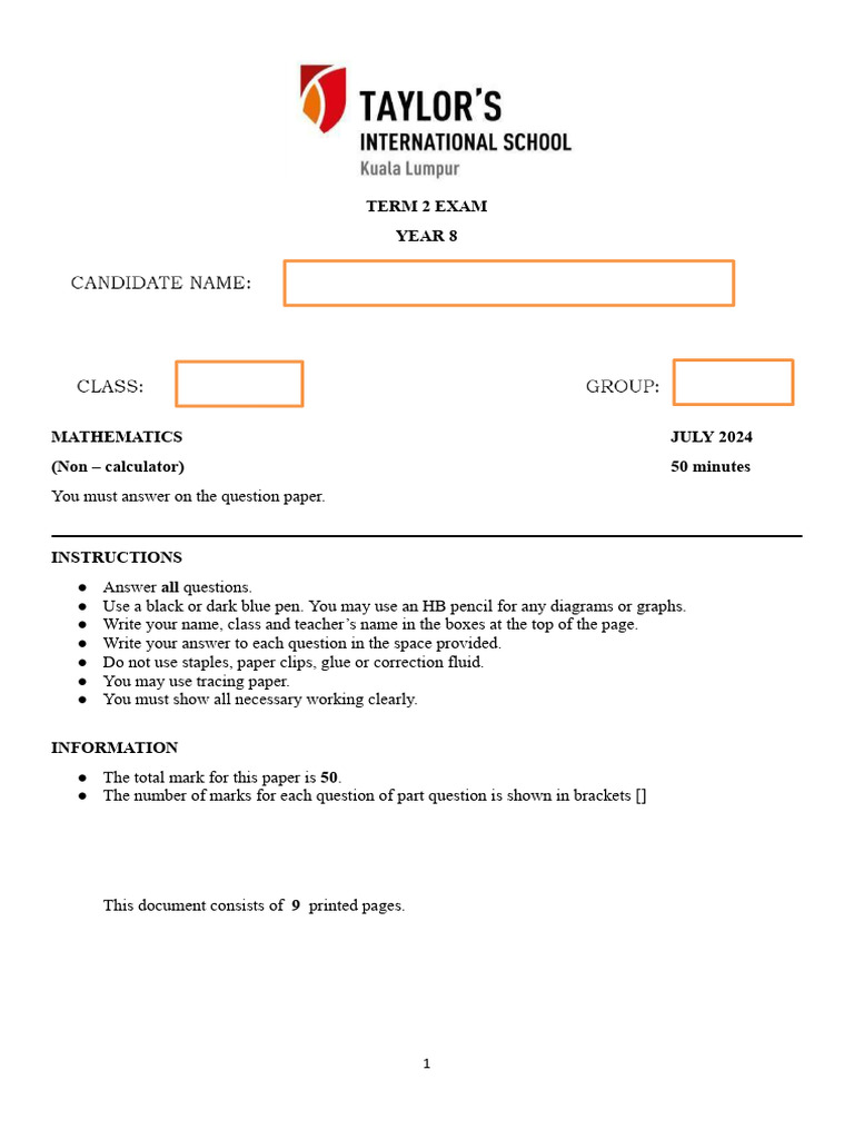 @Y8 Math T2 Exam 2024 | PDF