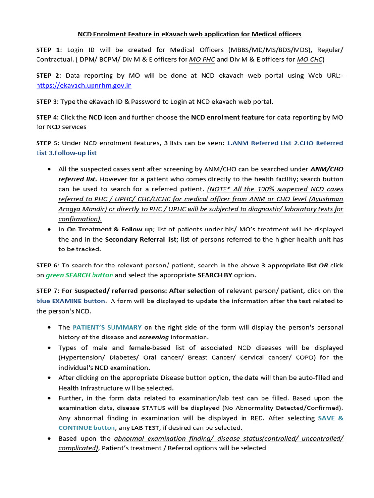 NCD Enrolment Feature in EKavach Web Application For Medical Officers ...