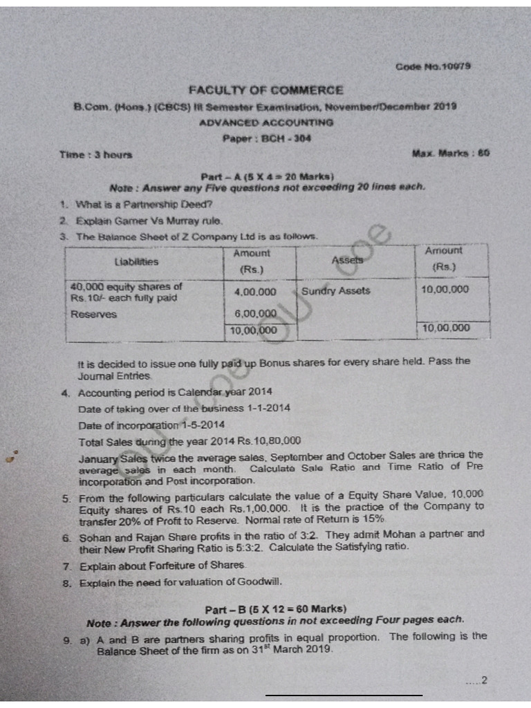 Advanced Accounting Question Paper Osmania University Dec 2019 | PDF