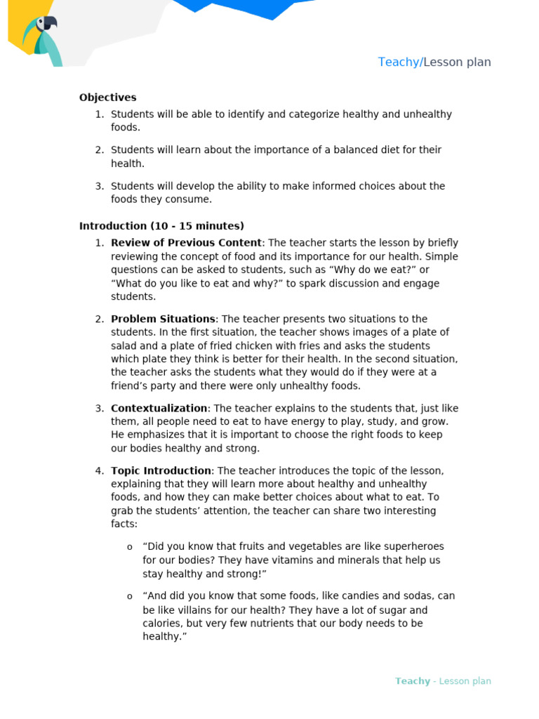 Healthy vs. Unhealthy Foods Lesson Plan | PDF | Healthy Diet | Foods